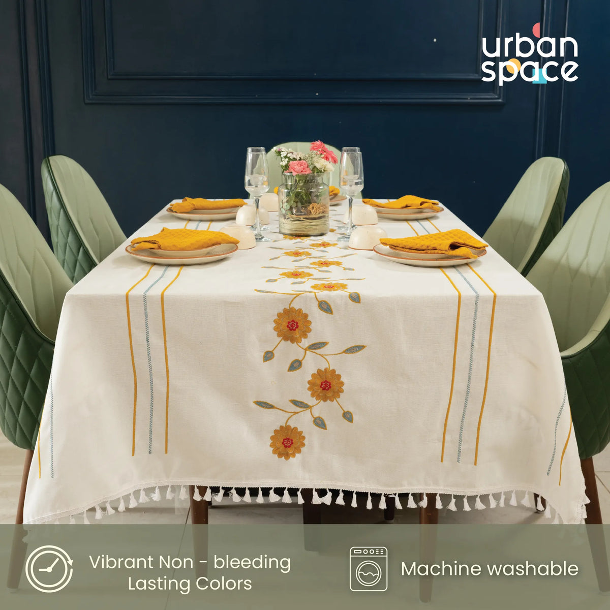 Embroidered Cotton Dining Table, 4 & 6 Seater Table Covers - Bloom Lin