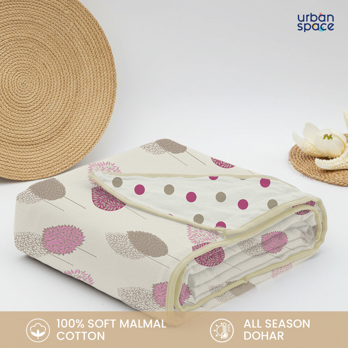 100% Malmal Cotton Dohar, Summer Blanket for AC Rooms - Drops Pink