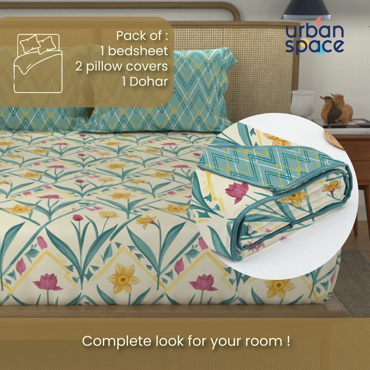 Spring Turquoise Cotton Double Bedsheet and Cotton AC Dohar Combo pack