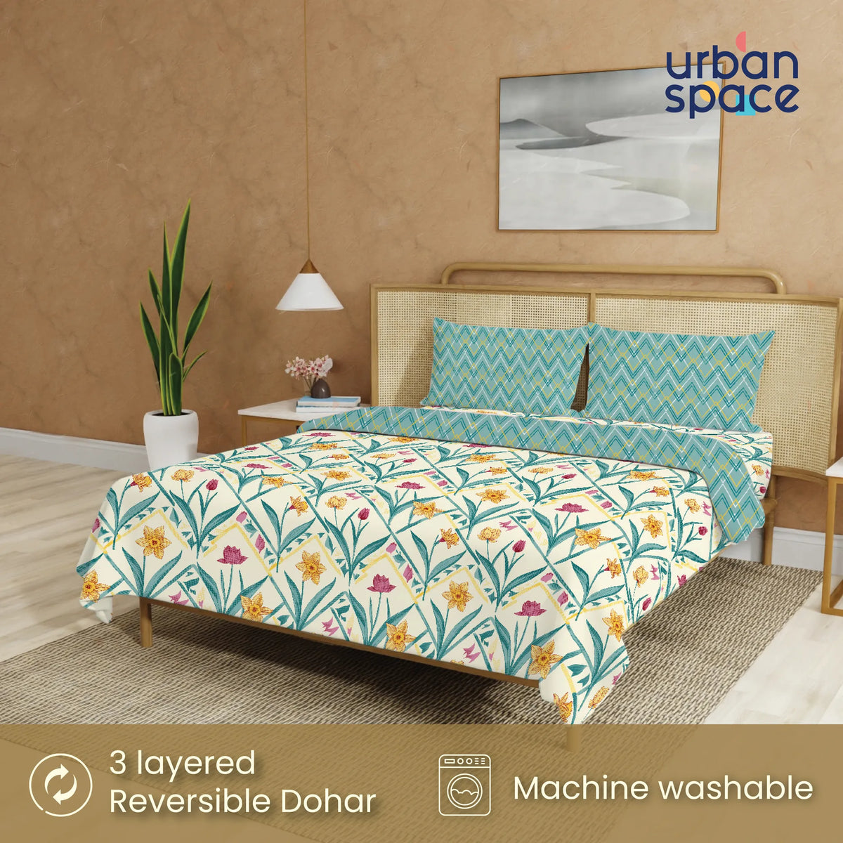 Spring Turquoise Cotton Double Bedsheet and Cotton AC Dohar Combo pack