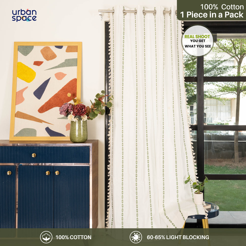 Vintage Braid Sage Green Embroidery Boho Cotton Curtain for Living Room | Urban Space