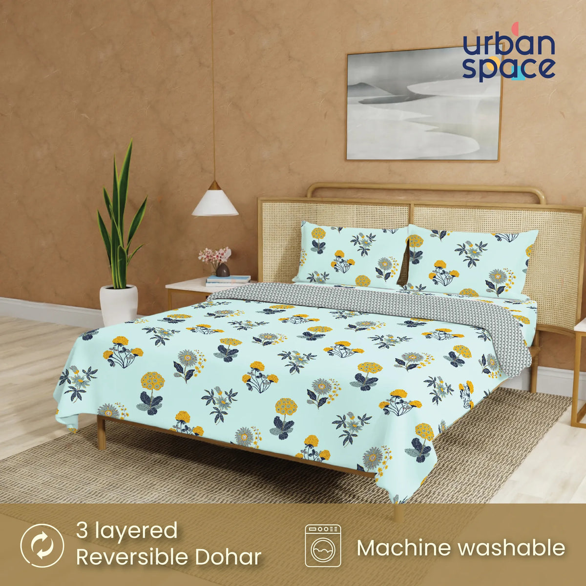 Radiance Sky Blue Cotton Double Bedsheet and Cotton AC Dohar Combo pack