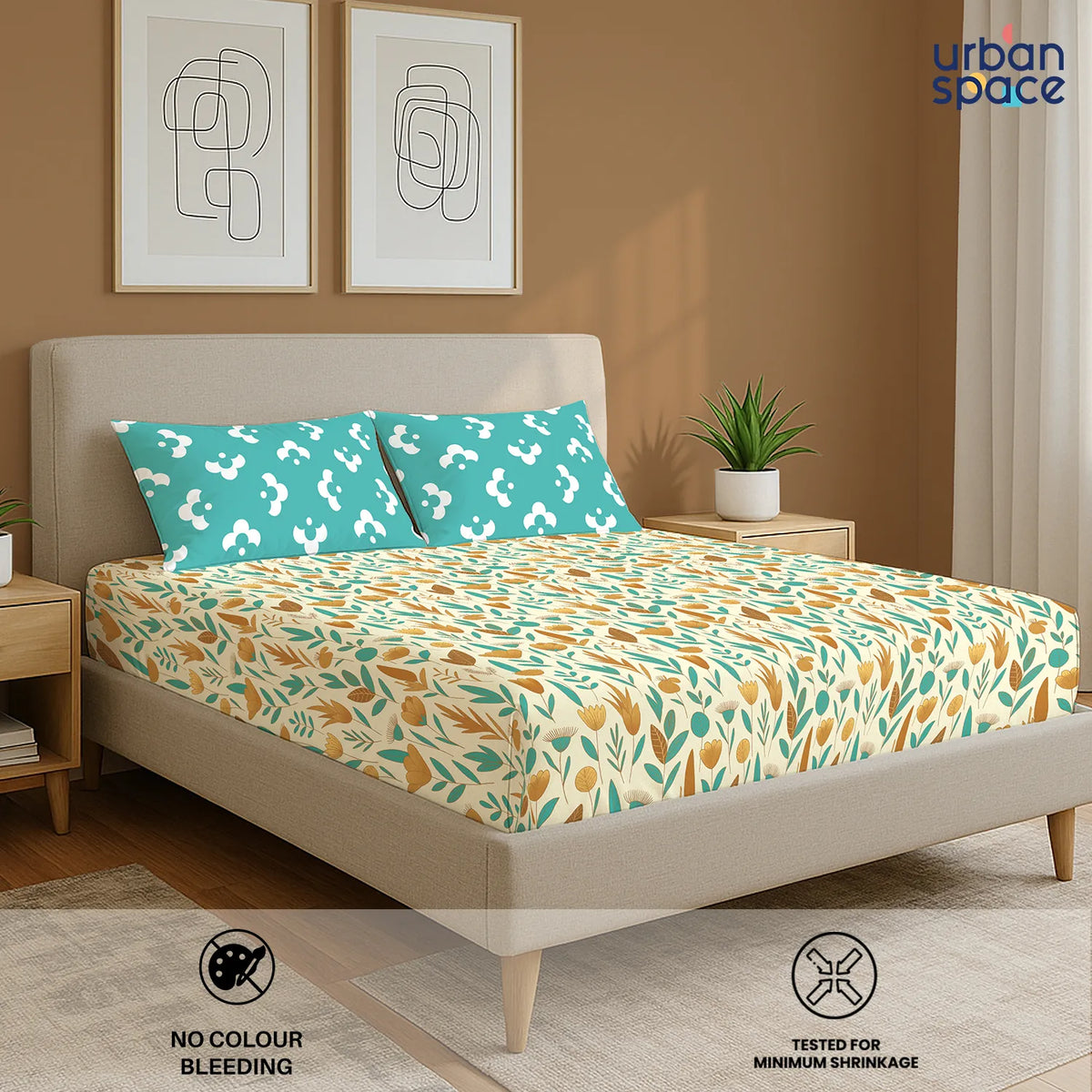 Dew Teal Cotton Double Bedsheet with 2 Pillow Covers