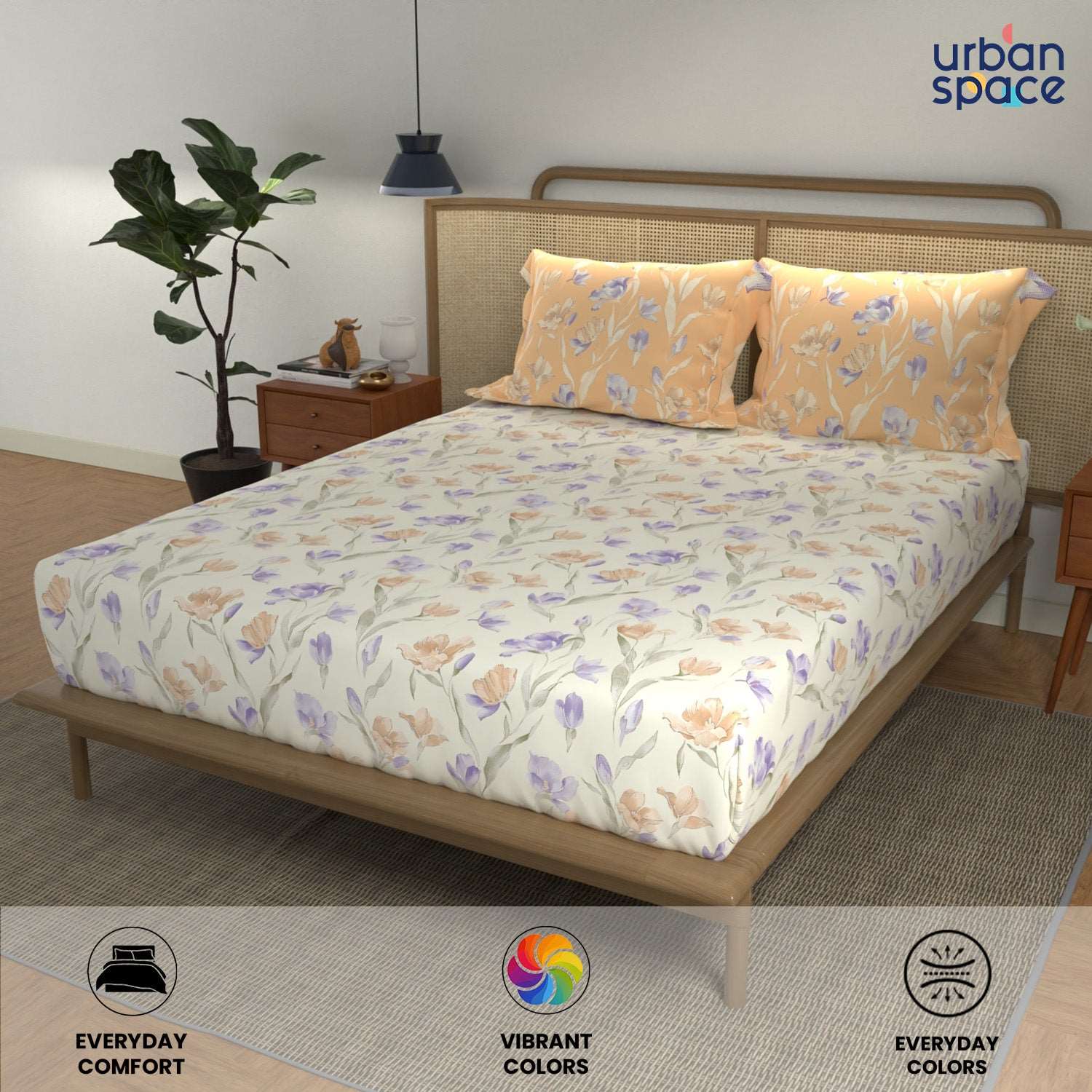 Autumn Peach Cotton Double Bedsheet with 2 Pillow Covers