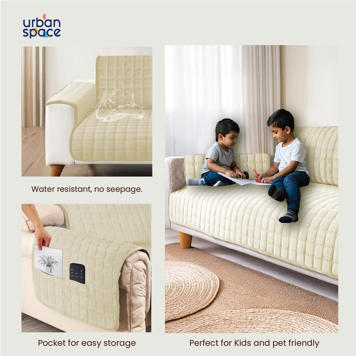 Quilted Microfiber Sofa Cover, Comes With Side Pockets & Strap, Washab