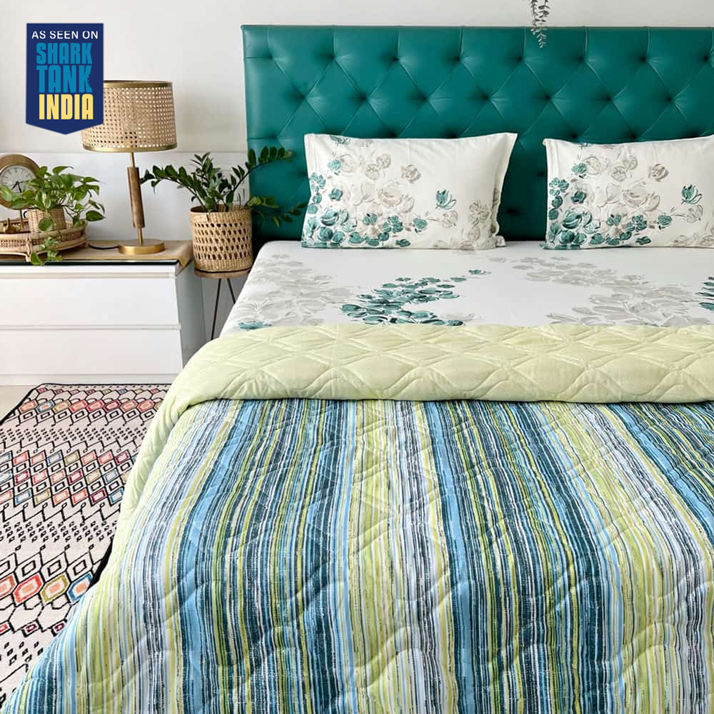 Aqua Green Cotton Double Bedsheet and AC Blanket Combo pack