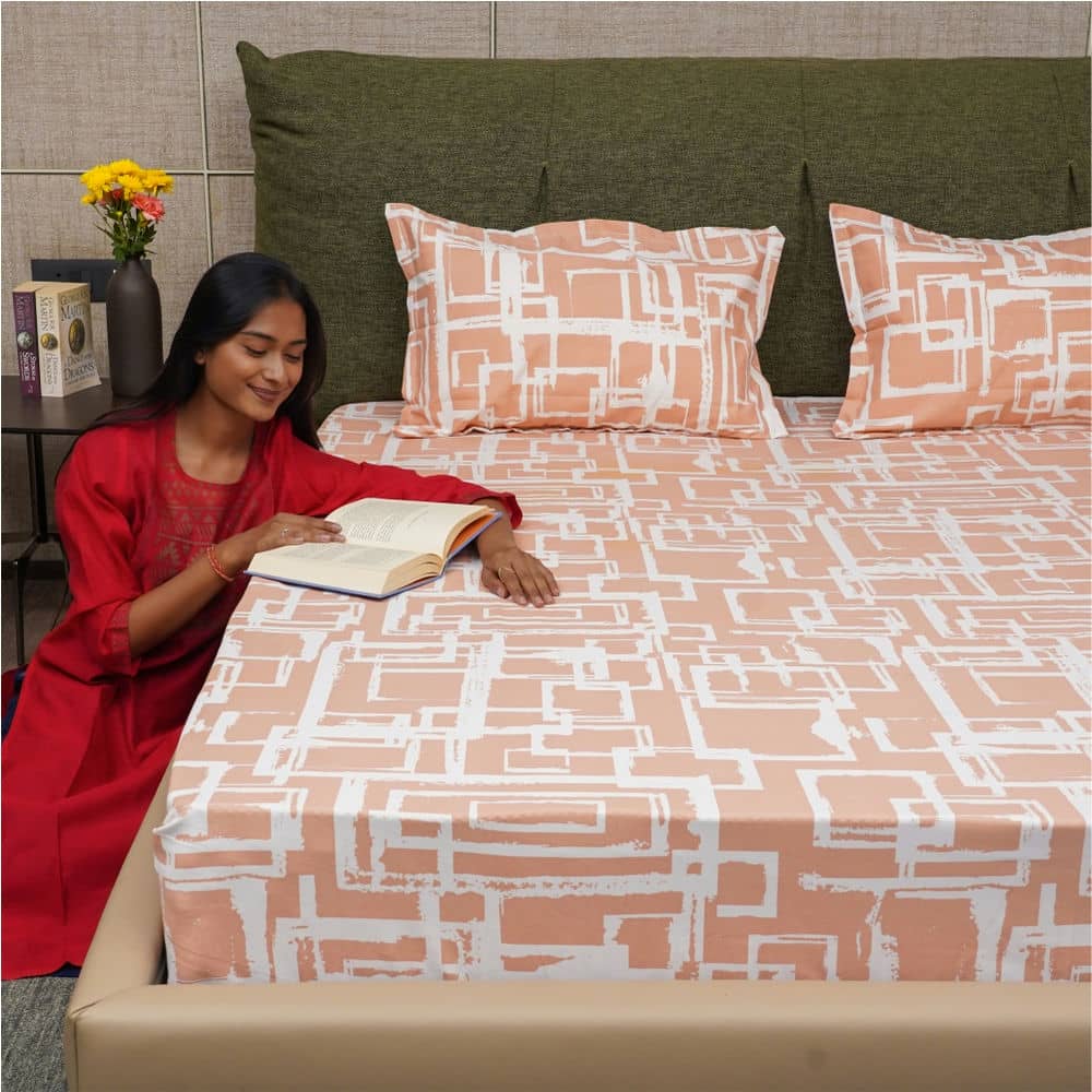 Buy Fitted King Size Cotton Bedsheet - Checkers Peach