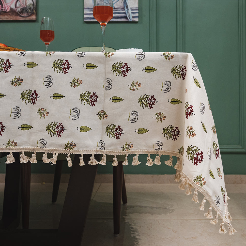 Cotton Dining Table Cover, Printed Cotton Table Cloth with Boho Tassels ...