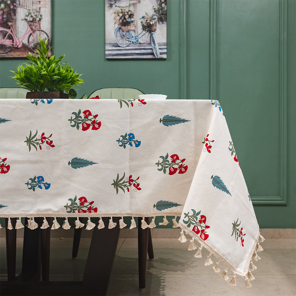 Cotton Dining Table Cover, Printed Cotton Table Cloth with Boho Tassels ...