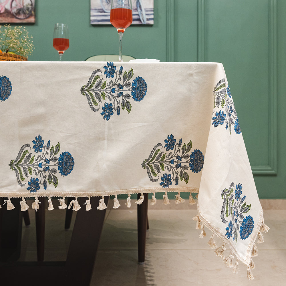 Cotton Dining Table Cover, Printed Cotton Table Cloth with Boho Tassels ...