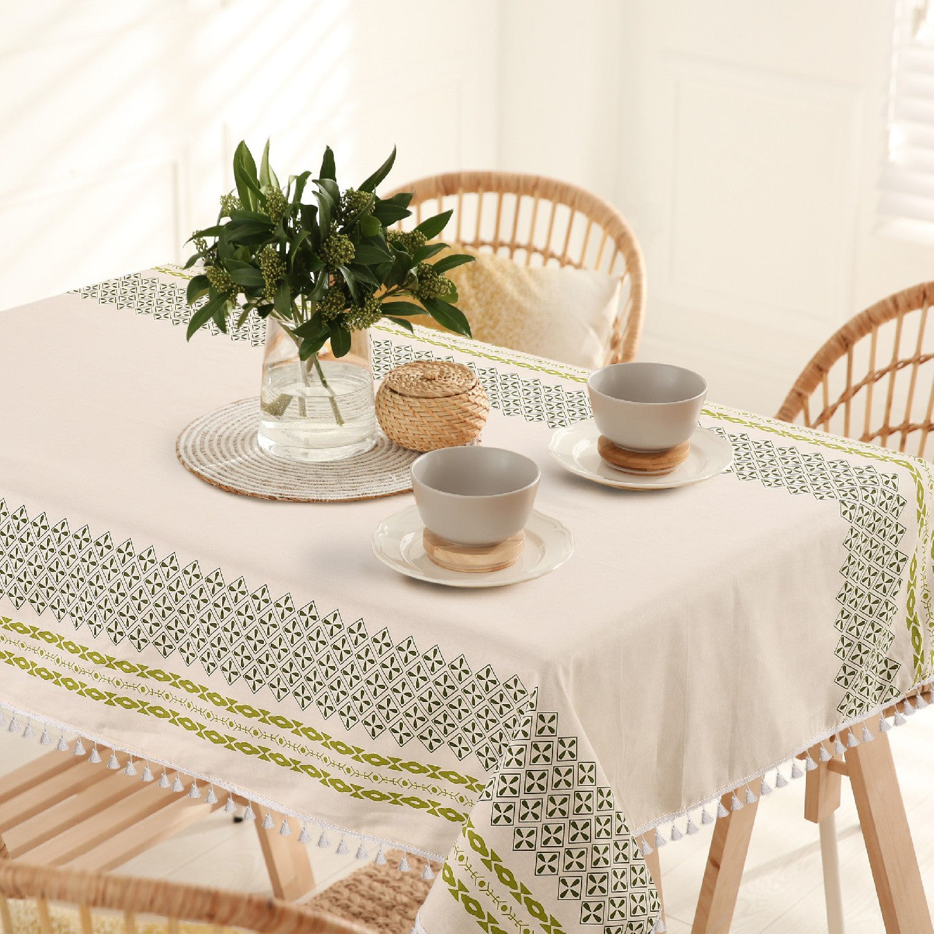 Border Green Cotton Table Cover & Table Runner for 4 & 6 seater dining ...